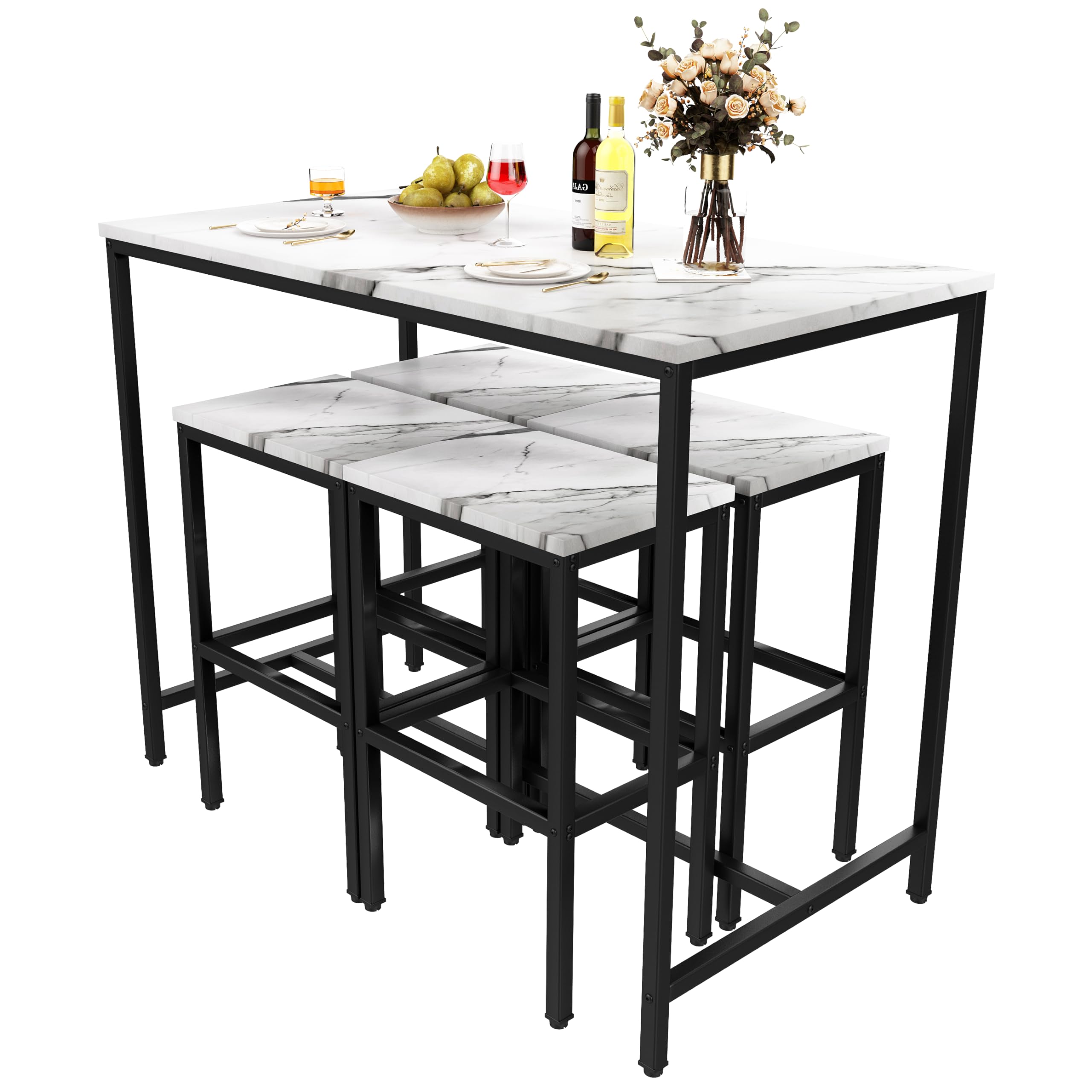 Yongchuang 5 Piece Bar Table Set, Kitchen Bar Table and Chairs Set of 4, Modern Metal Counter Height Table with Stools for Dining Room, Living Room Breakfast Table White Faux Marble Wood Top