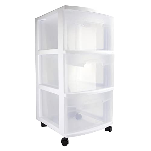 Sterilite 28308002 Home Stackable 3 Drawer Wide Plastic Storage Organizer Container with Drawers and Rolling Wheels, White (Set of 4)