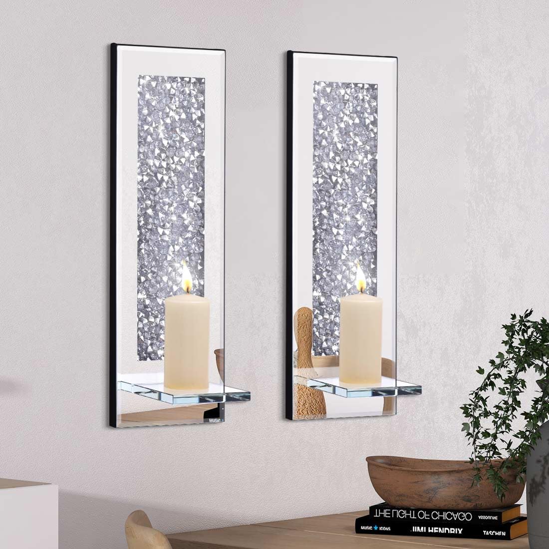Pibeyer Crystal Crush Diamond Wall Candle Holder Set of 2, Rectangle Silver Mirrored Candle Sconces, Home Wall Decoration for Living Room,Dining Room & Bedroom