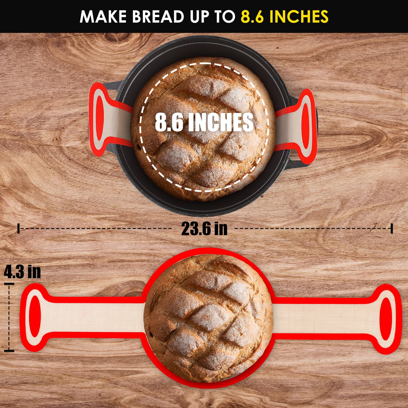 Upgraded Silicone Bread Sling Dutch Oven Liners Sourdough Baking Supplies Reusable Non-Stick Bread Mat Cast Iron Sheet Extra Long Handles Larger Size 8.6 Inch Diameter (Red, 2)