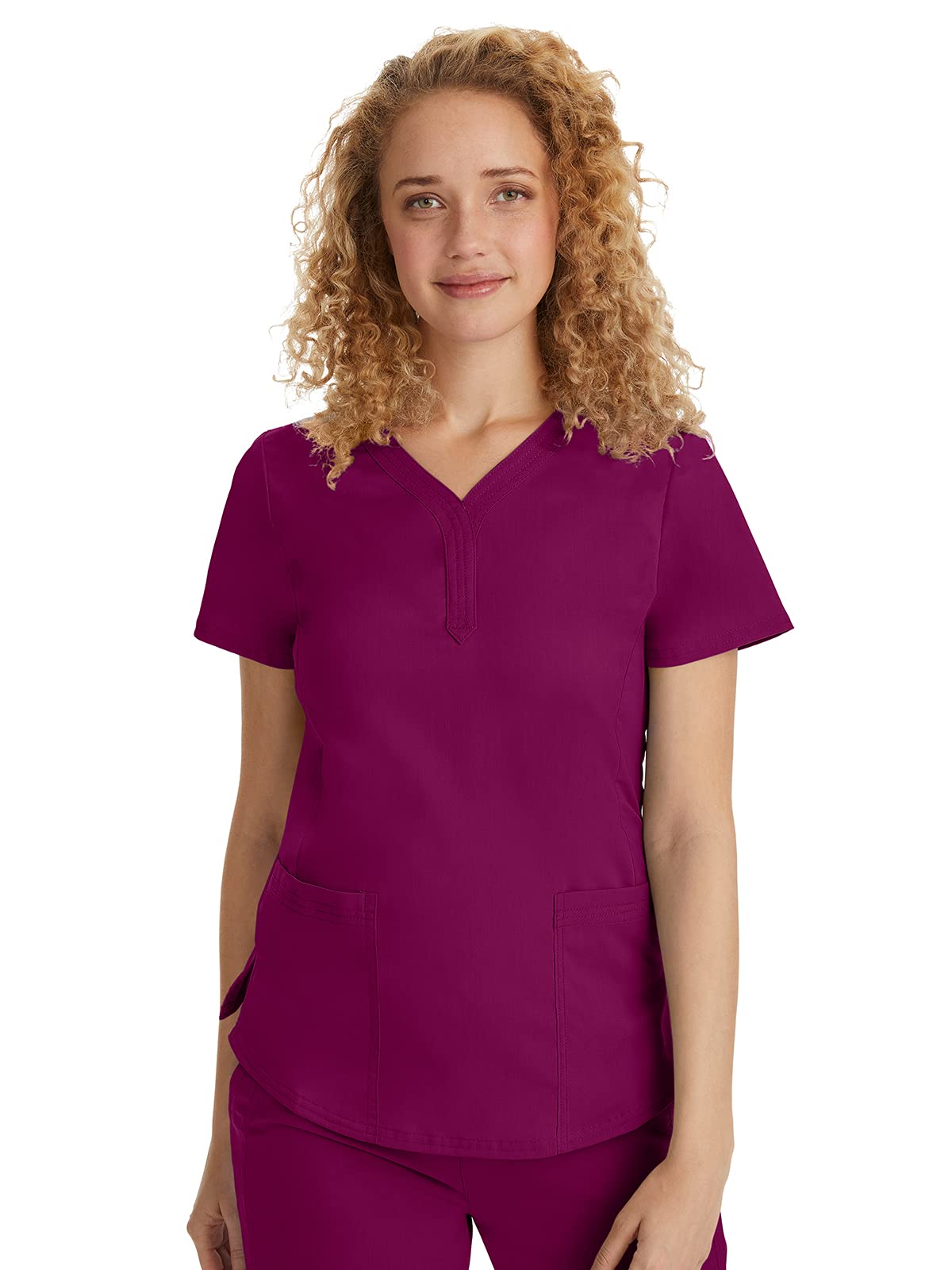 Healing Hands Women's Y-Neck Scrub Top with 2 Pockets, Knit Details, Shirttail Hem, and 2-Way Stretch Fabric 2167, Large, Wine