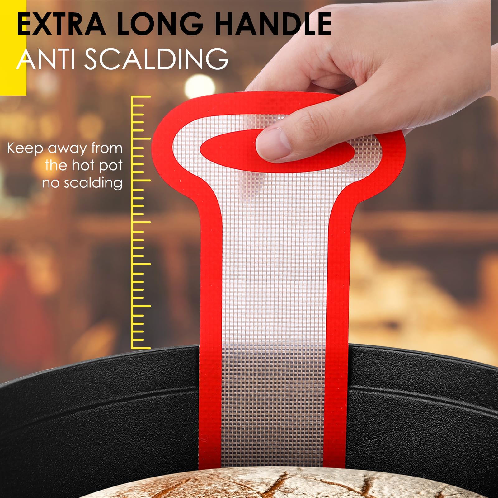 Upgraded Silicone Bread Sling Dutch Oven Liners Sourdough Baking Supplies Reusable Non-Stick Bread Mat Cast Iron Sheet Extra Long Handles Larger Size 8.6 Inch Diameter (Red, 2)