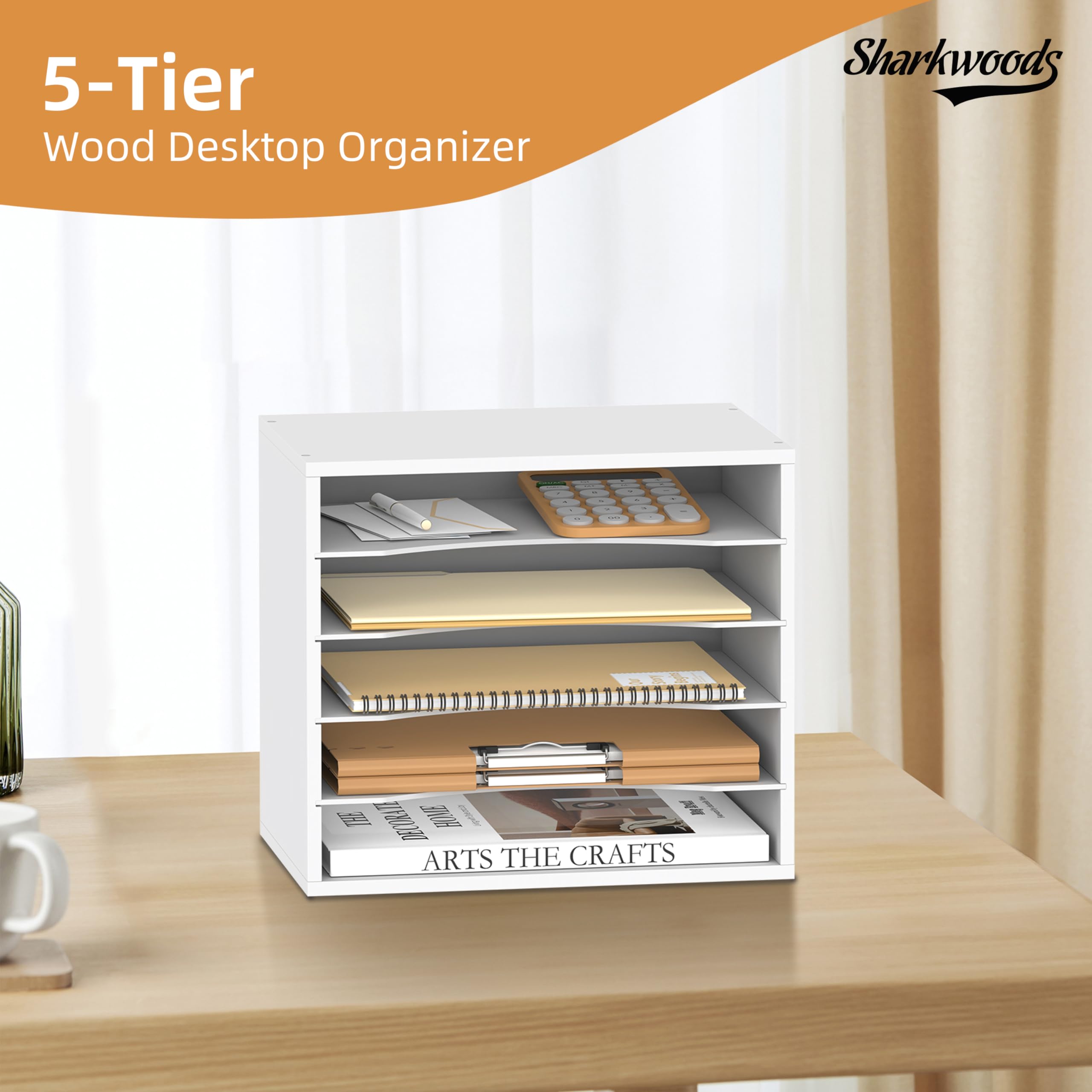 SHARKWOODS 5-Tier Paper Organizer for Desk, Wood Desktop Organizer with Adjustable Letter Tray, Mail Sorter for Office School & Home, White