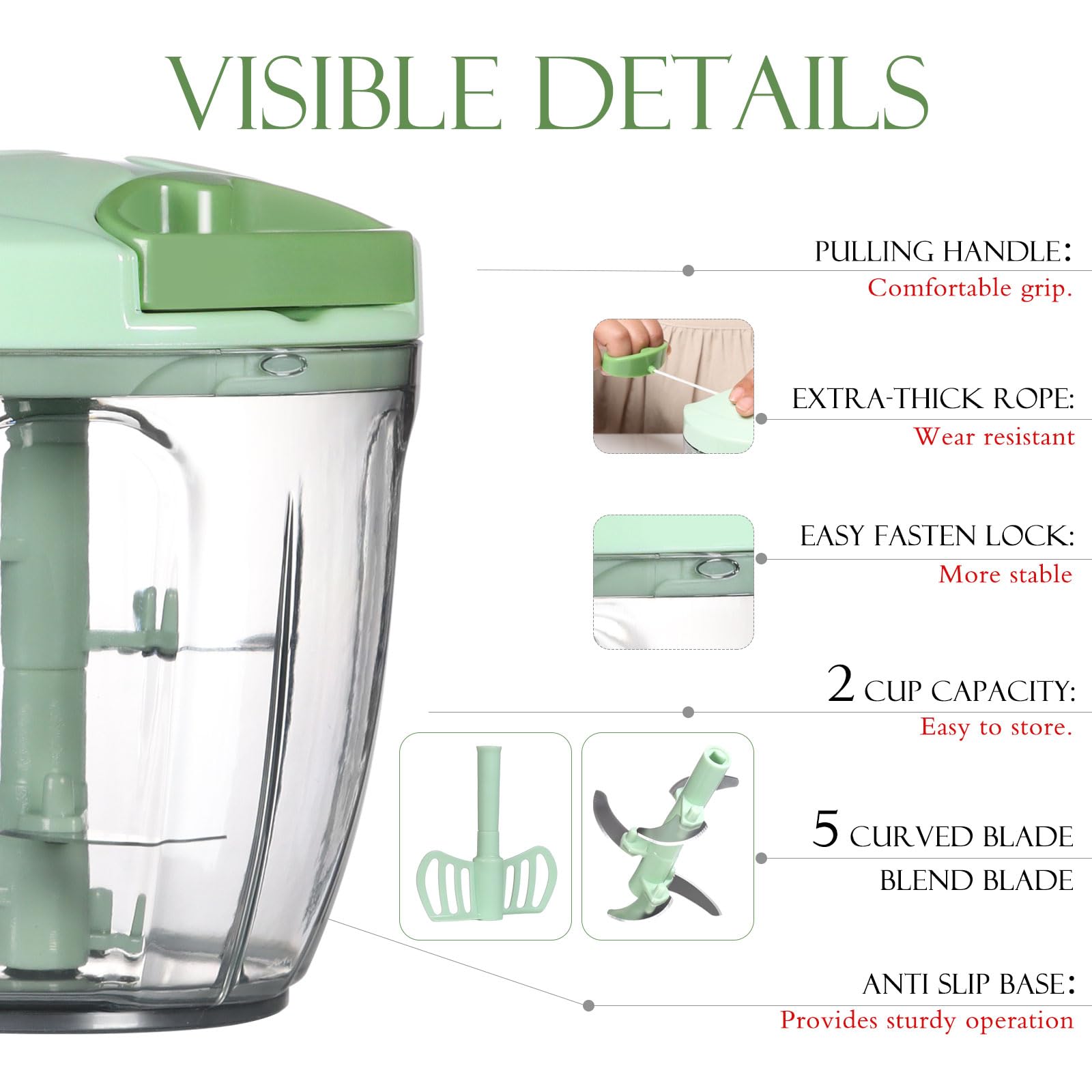Ourokhome Manual Food Processor Vegetable Chopper, Portable Hand Pull String Garlic Mincer Onion Cutter for Veggies, Ginger, Fruits, Nuts, Herbs, etc., 900ml, Green