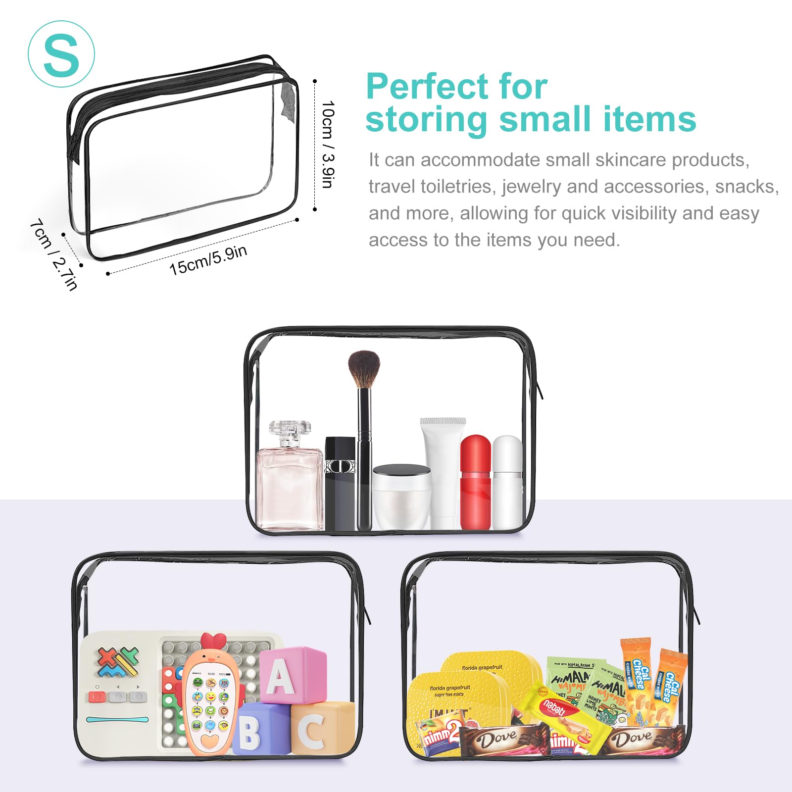 Carachanone 12 PCS Clear Travel Bag for Toiletry, Multipurpose Storage Transparent Cosmetic Bags Bulk for Women Men, Makeup Organizer TSA Approved Luggage Pouch - Black, Small