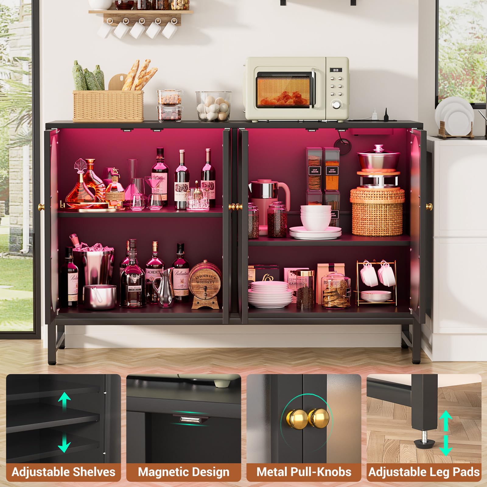 Aheaplus Sideboard Buffet Cabinet with Power Outlet, Kitchen Sideboard Storage Cabinet with LED Light, 4 Doors, Modern Accent Cabinet Coffee Bar Cabinet Console Table for Kitchen Dining Room, Black