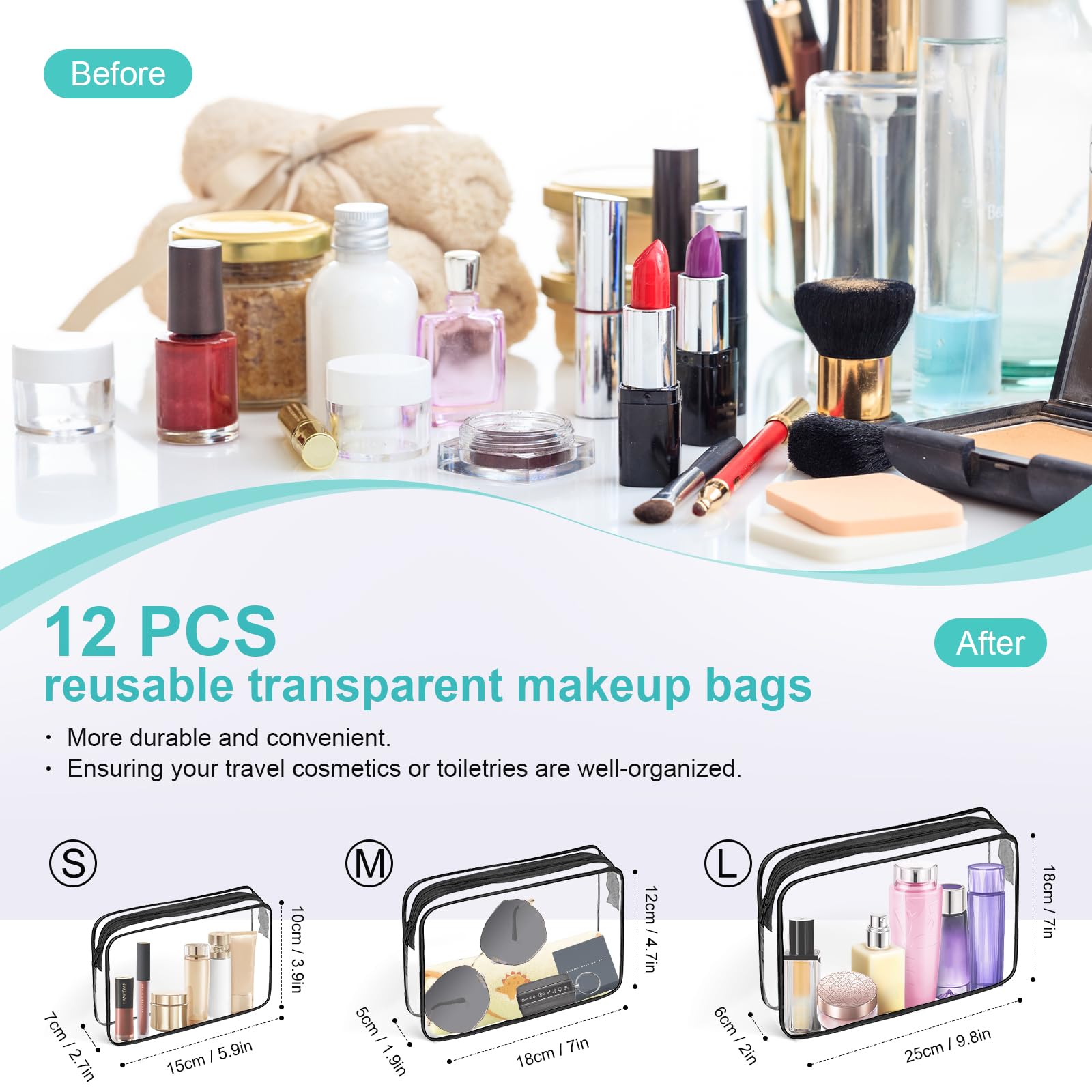 Carachanone 12 PCS Clear Travel Bag for Toiletry, Multipurpose Storage Transparent Cosmetic Bags Bulk for Women Men, Makeup Organizer TSA Approved Luggage Pouch - Black, Small