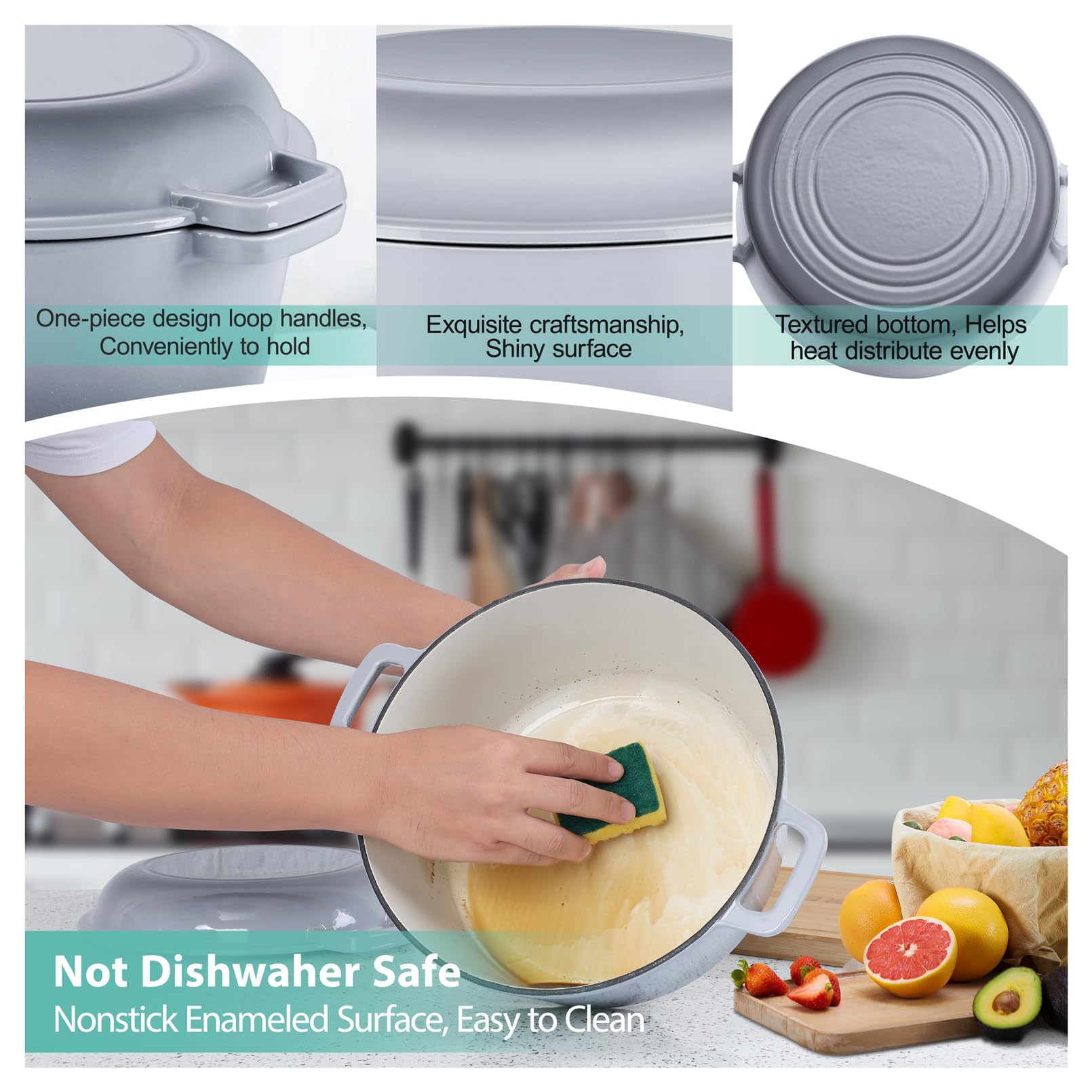 TeamFar 5 Quart Enameled Cast Iron Dutch Oven, 2-In-1 Dutch Oven Pot Cookware with Skillet Lid for Bread Baking Braising Stewing Roasting, Sturdy & Nonstick, Oven Safe & Fit for Induction (Grey)