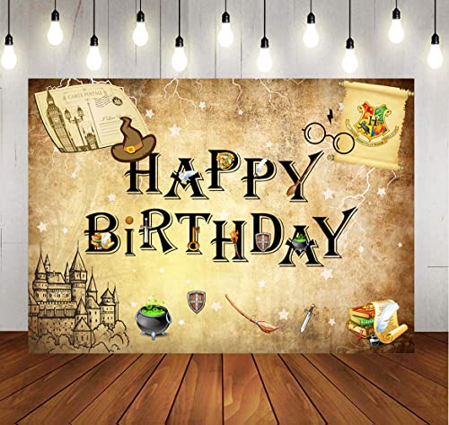 LYCGS 7X5ft Wizard Happy Birthday Backdrop Magic Castle School Backdrop Wizard Photography Background Boys Girls Kids Birthday Party Decor Banner X-110