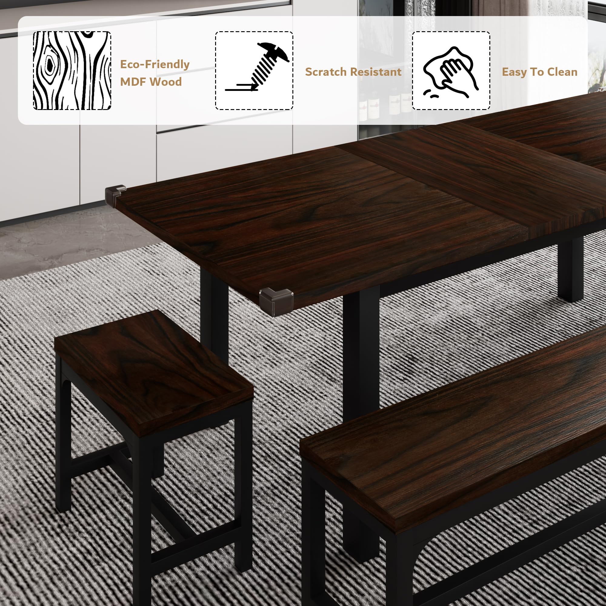 iPormis 5-Piece Dining Table Set for 4-8 People, Extendable Kitchen Table Set with 2 Benches and 2 Square Stools, Mid-Century Dining Room Table with Metal Frame & MDF Board, Saving Space, Espresso