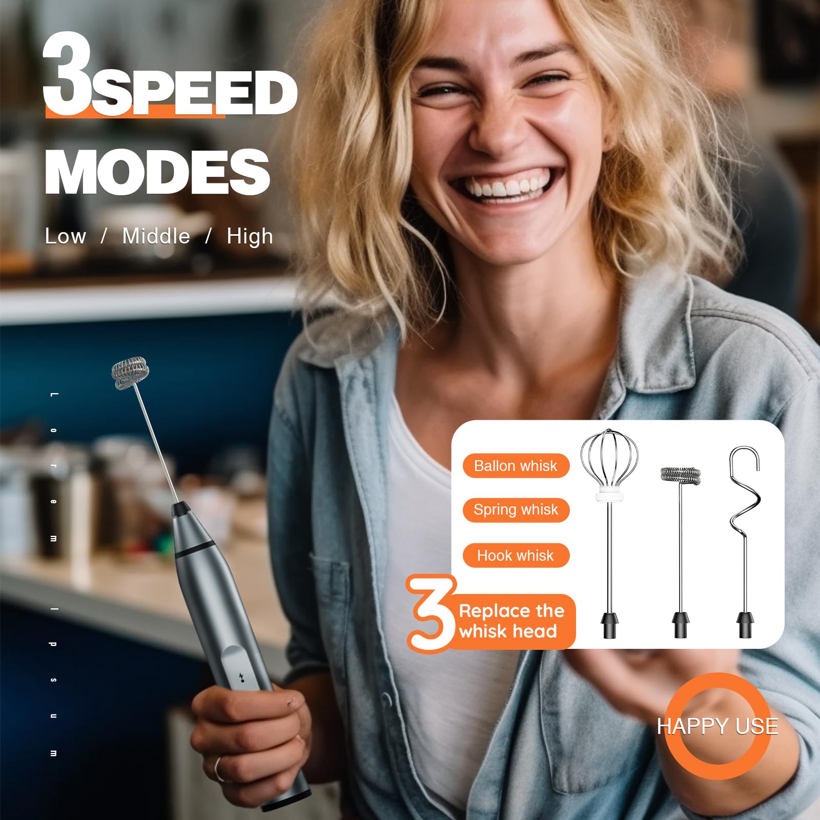 Milk Frother Rechargeable Handheld Electric Whisk Coffee Frother Mixer with 3 Stainless whisks 3 Speed Adjustable Foam Maker Blender for Coffee Matcha Latte Cappuccino Hot Chocolate(Classic Silver)