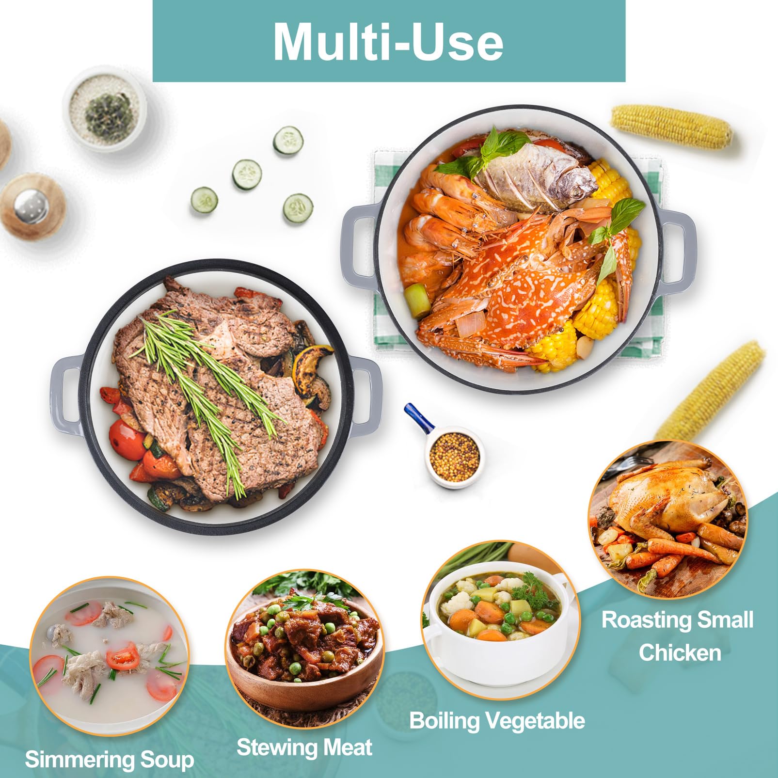 TeamFar 5 Quart Enameled Cast Iron Dutch Oven, 2-In-1 Dutch Oven Pot Cookware with Skillet Lid for Bread Baking Braising Stewing Roasting, Sturdy & Nonstick, Oven Safe & Fit for Induction (Grey)