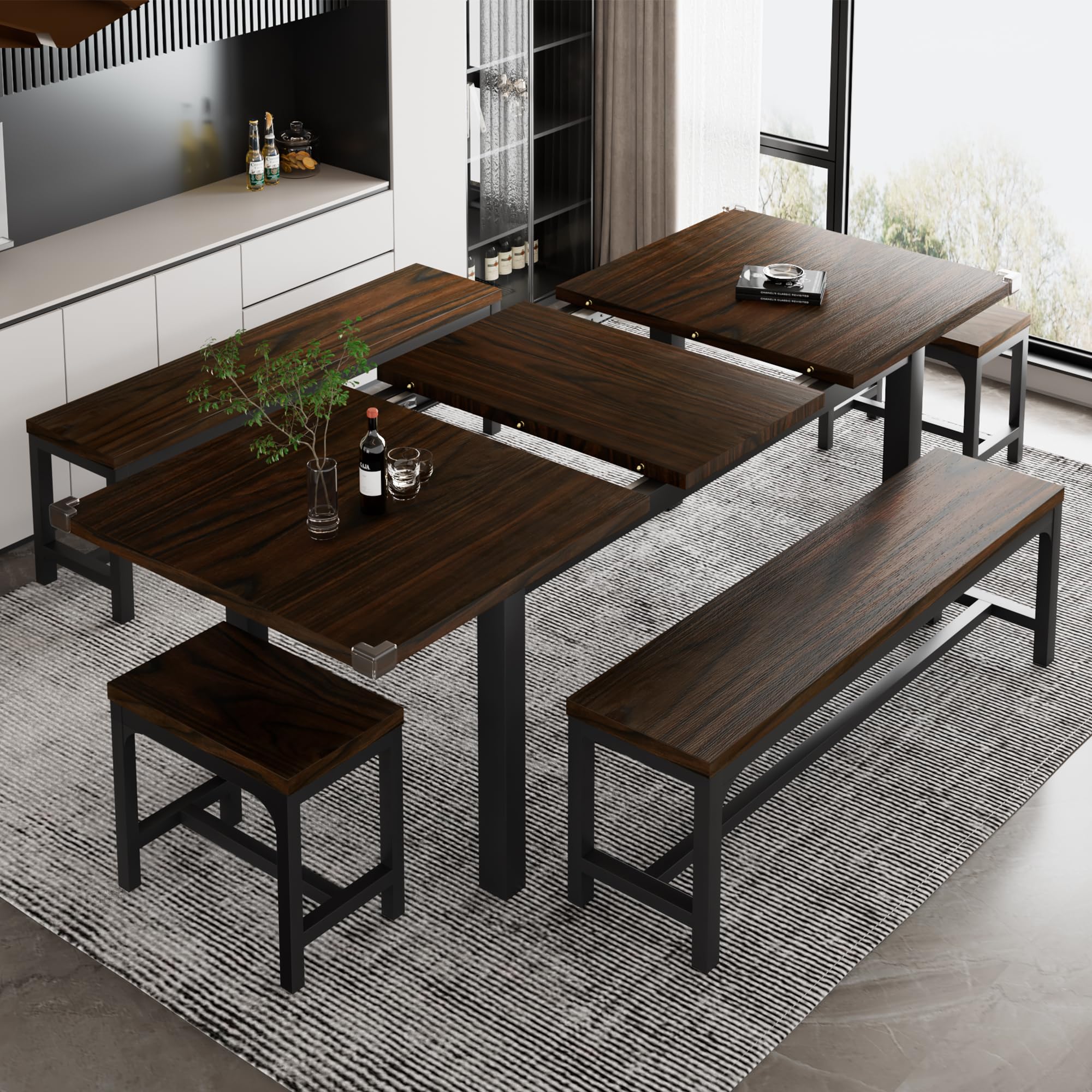 iPormis 5-Piece Dining Table Set for 4-8 People, Extendable Kitchen Table Set with 2 Benches and 2 Square Stools, Mid-Century Dining Room Table with Metal Frame & MDF Board, Saving Space, Espresso