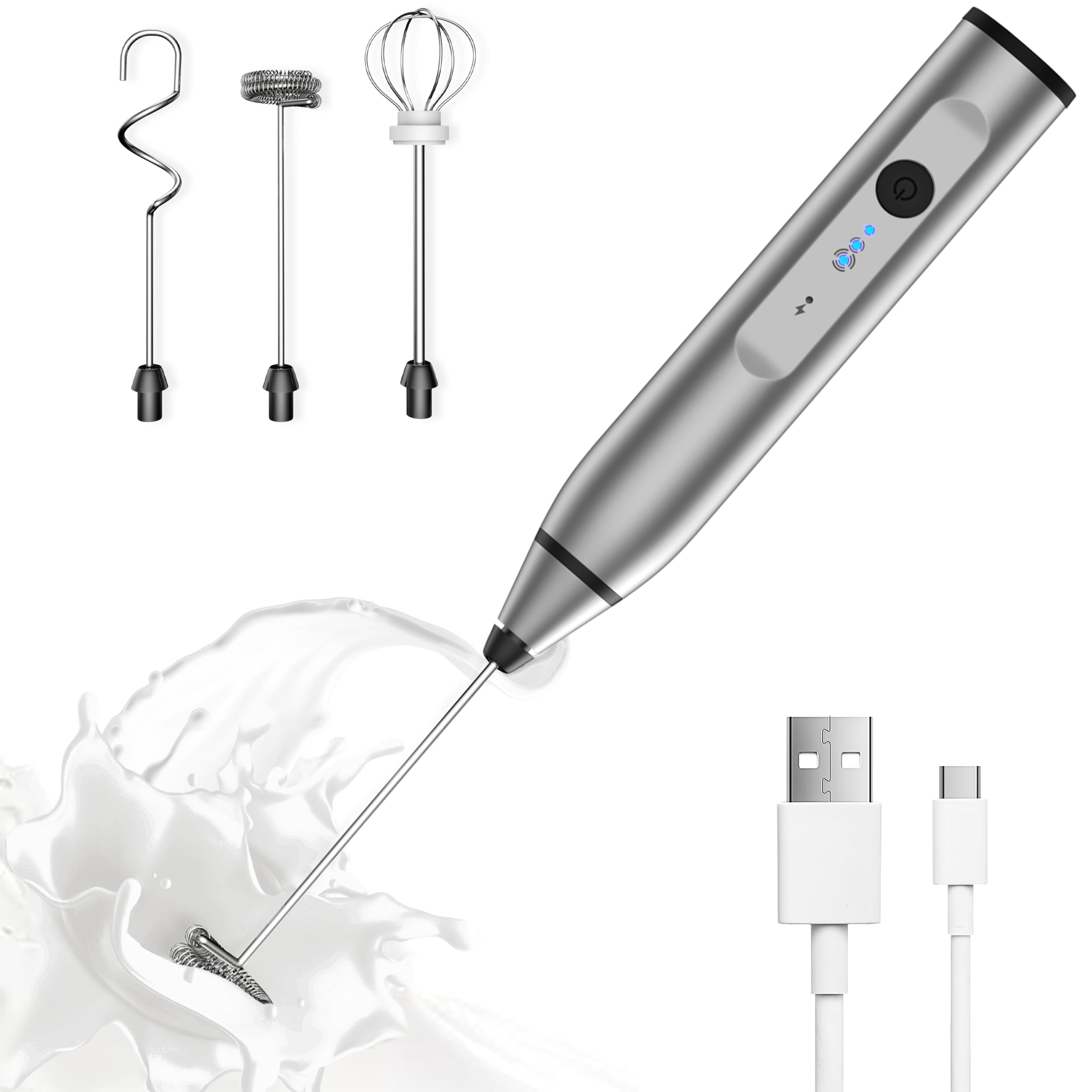 Milk Frother Rechargeable Handheld Electric Whisk Coffee Frother Mixer with 3 Stainless whisks 3 Speed Adjustable Foam Maker Blender for Coffee Matcha Latte Cappuccino Hot Chocolate(Classic Silver)