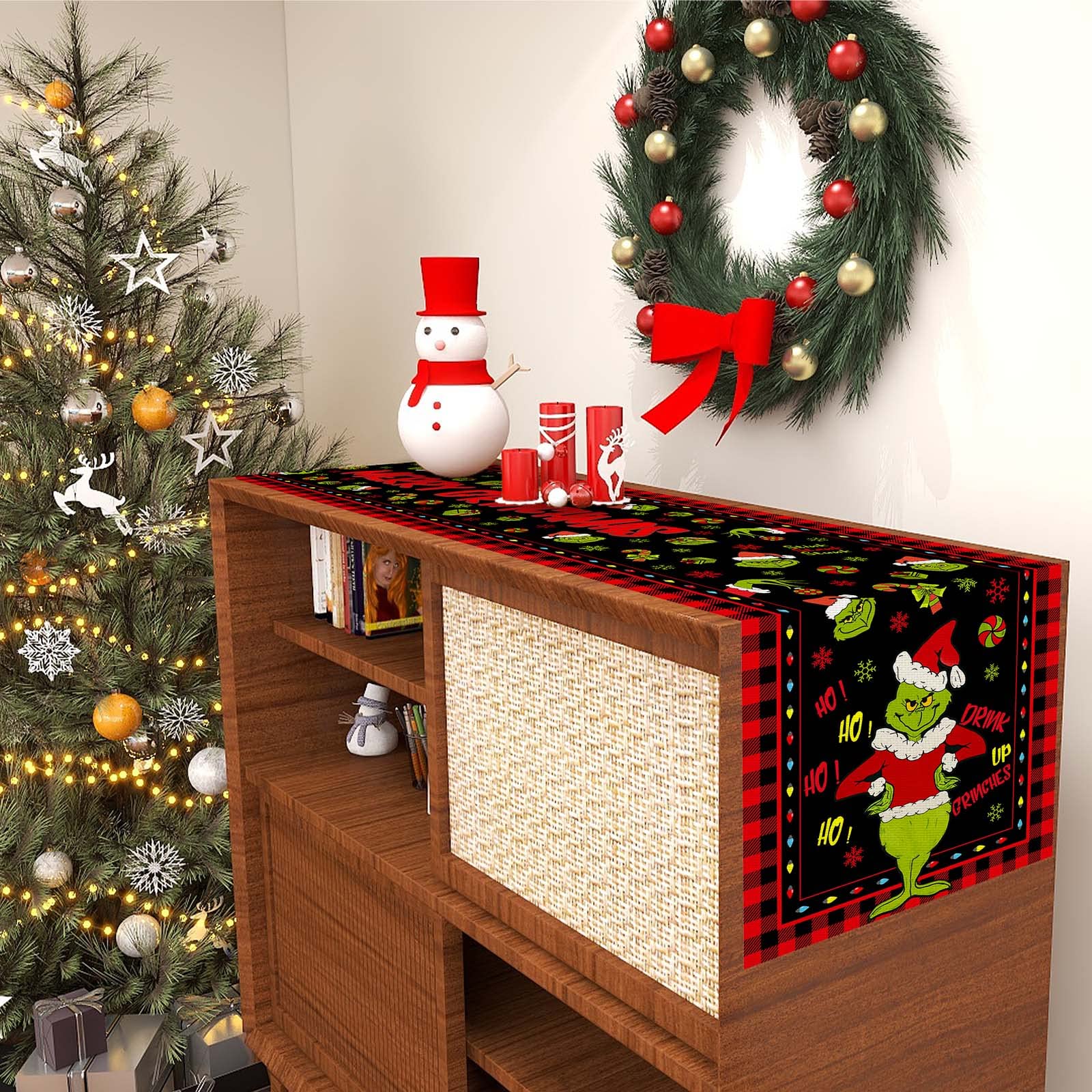 FARMNALL Linen Red Christmas Table Runner Merry Christmas Tablecloth Christmas Xmas Buffalo Plaid Check Winter Holiday Home Kitchen Dining Room 13x90 Inch