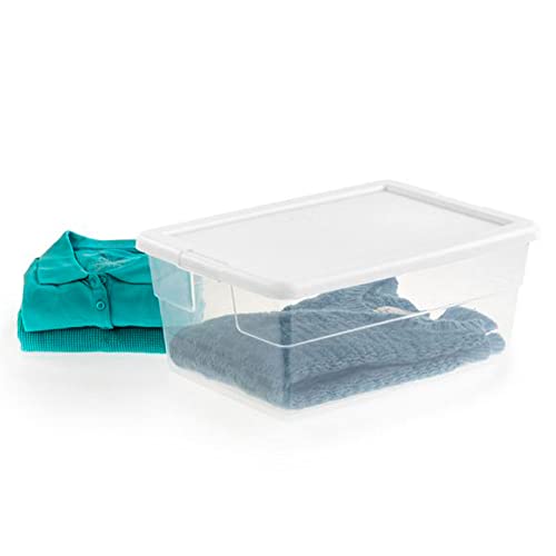 Sterilite 16 Qt Stackable Clear Plastic Storage Bin Tote Container Organizer with Handles & Indented White Lid for Organization and Storage (24 Pack)