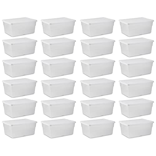 Sterilite 16 Qt Stackable Clear Plastic Storage Bin Tote Container Organizer with Handles & Indented White Lid for Organization and Storage (24 Pack)