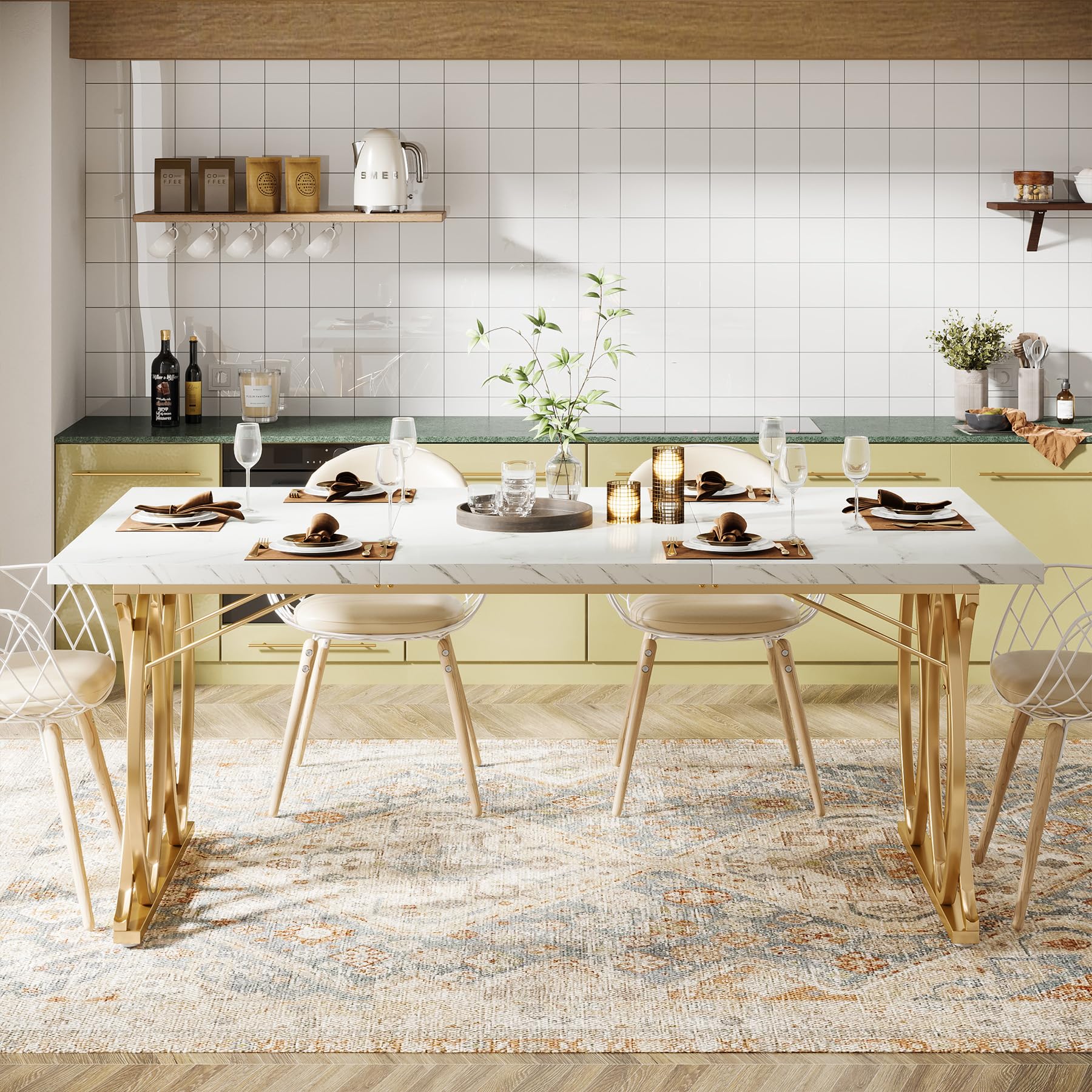Tribesigns Modern Dining Table for 4-6 People, 63" Large Rectangular Kitchen Table with Faux Marble Tabletop and Gold Geometric Legs, Unique Dinner Table Kitchen & Dining Room Furniture, White & Gold
