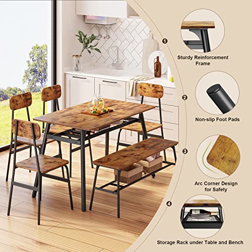 Gizoon 6-Piece Dining Table Set for Home, Kitchen, Dining Room with Storage Racks, Rectangular Kitchen Table with Bench, 4 Chairs, Steel Frame, Brown