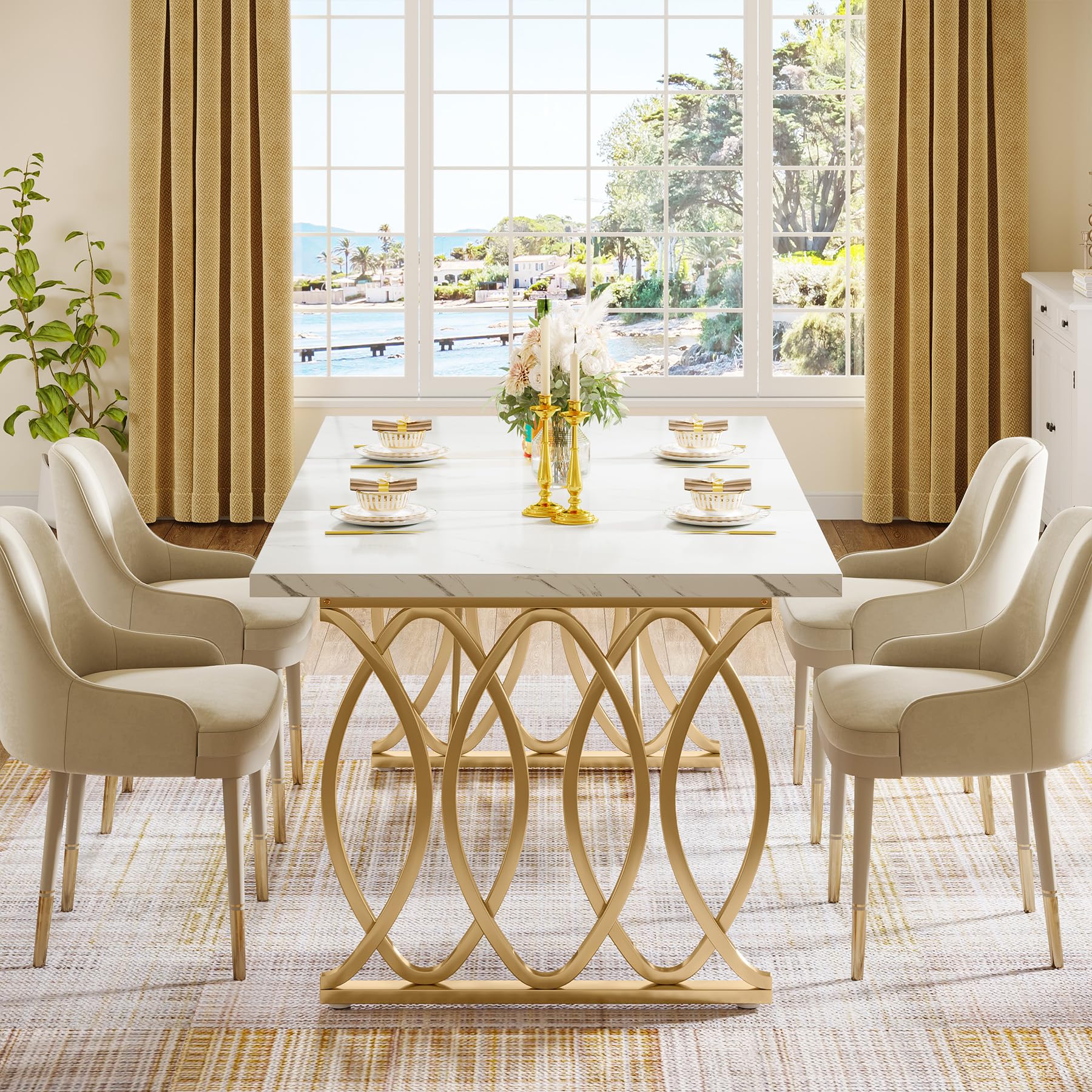 Tribesigns Modern Dining Table for 4-6 People, 63" Large Rectangular Kitchen Table with Faux Marble Tabletop and Gold Geometric Legs, Unique Dinner Table Kitchen & Dining Room Furniture, White & Gold