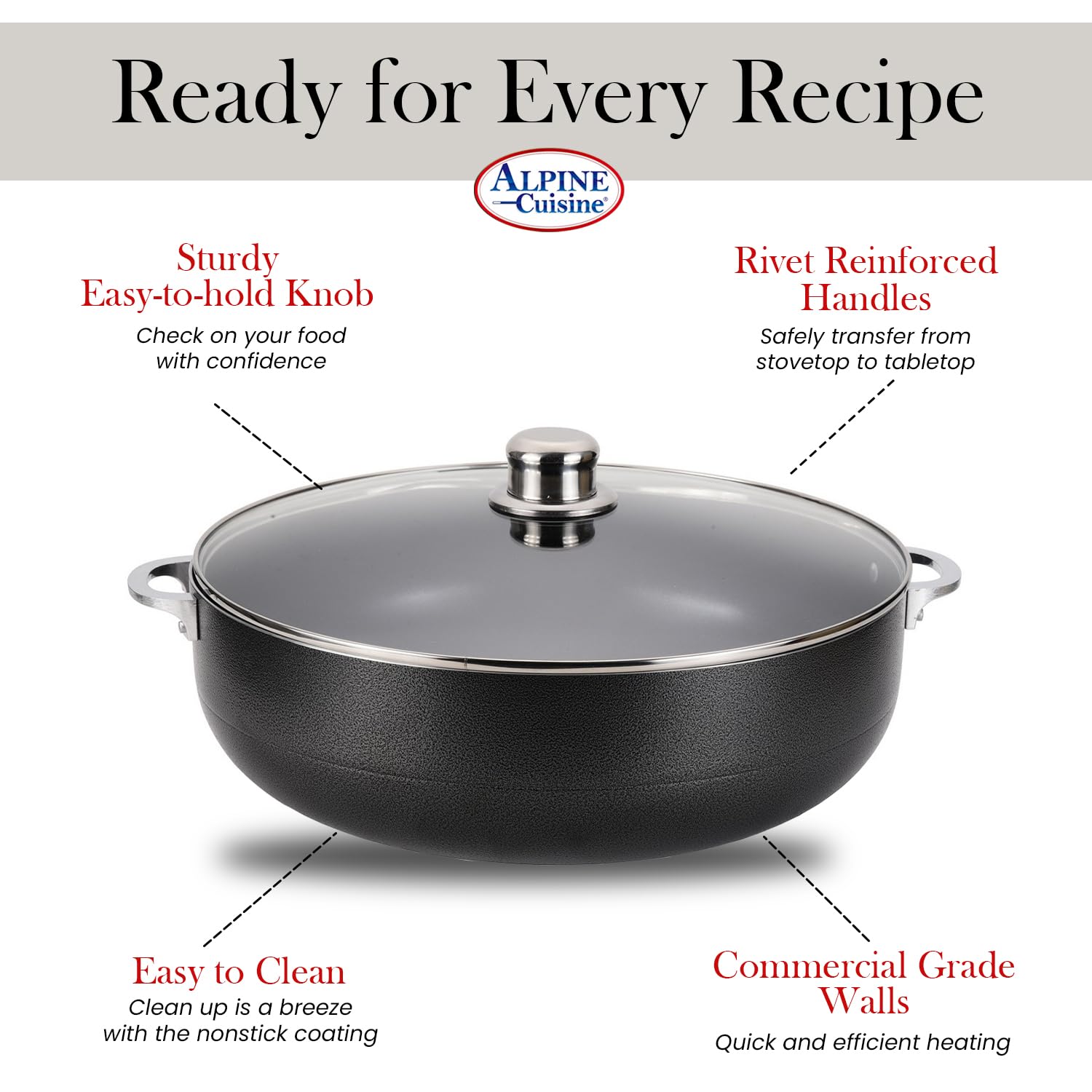 Alpine Cuisine Non-Stick Dutch Oven 11 Quart with Glass Lid | Multi-Purpose Aluminum Caldero for Braising - Boiling - Stewing | Nonstick Coating with Black Finish | Ideal for All Serving Sizes Pot