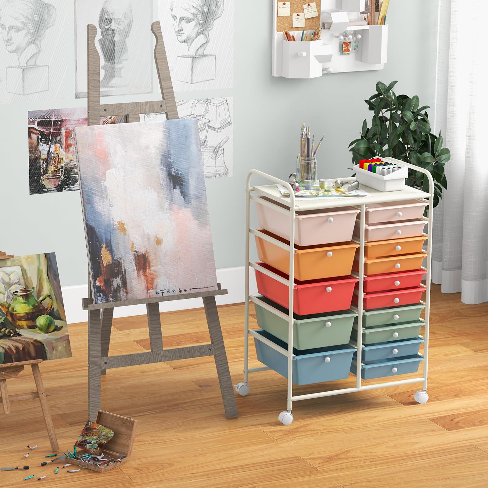 Giantex 15 Drawers Rolling Cart, Classroom Organizers, Storage Cart with Wheels, for Teacher Office Home School Supplies Tool Craft Art Paper