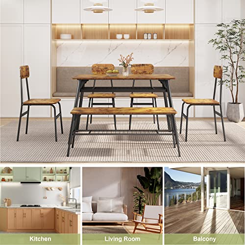 Gizoon 6-Piece Dining Table Set for Home, Kitchen, Dining Room with Storage Racks, Rectangular Kitchen Table with Bench, 4 Chairs, Steel Frame, Brown