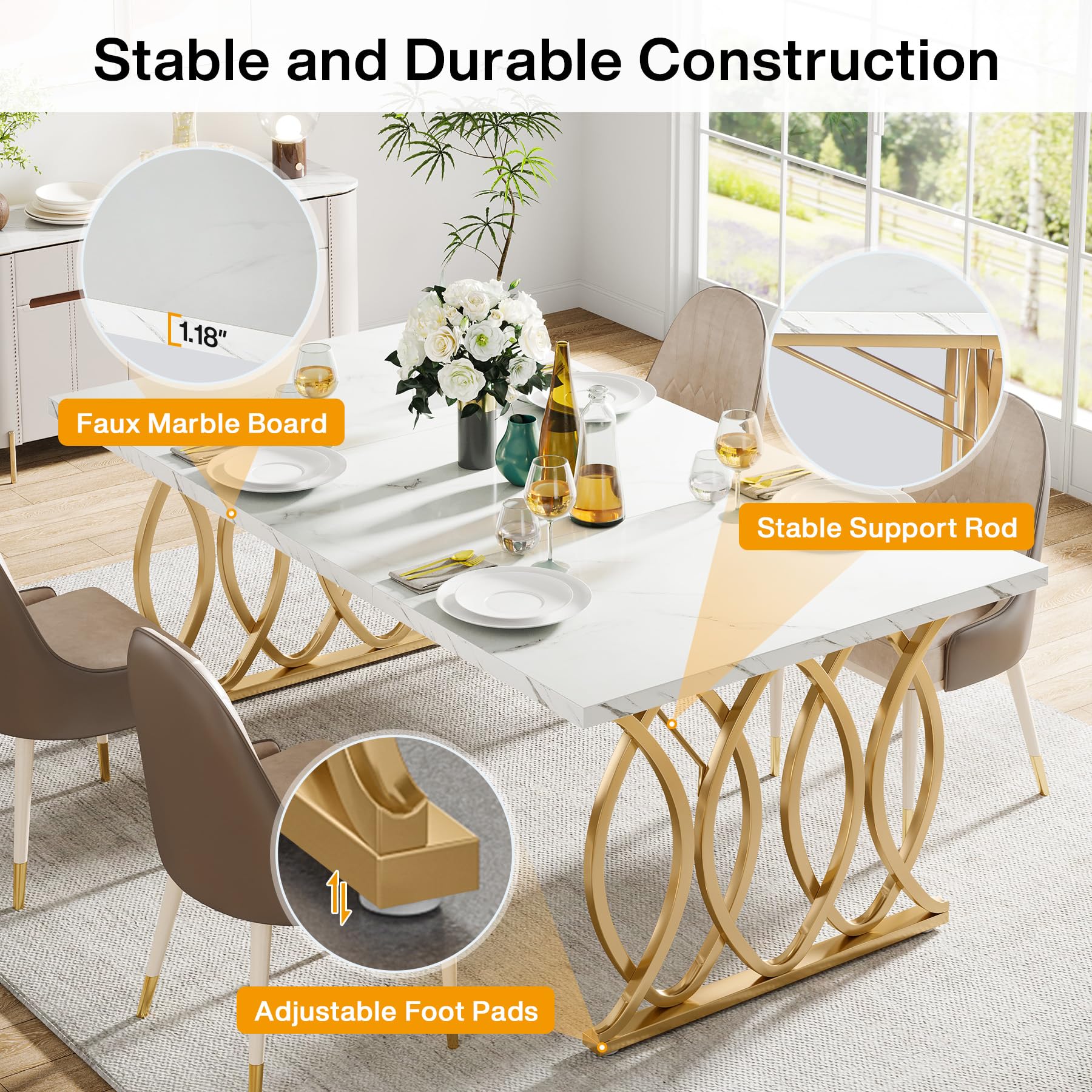 Tribesigns Modern Dining Table for 4-6 People, 63" Large Rectangular Kitchen Table with Faux Marble Tabletop and Gold Geometric Legs, Unique Dinner Table Kitchen & Dining Room Furniture, White & Gold
