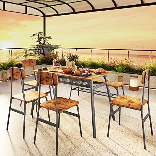 Gizoon 6-Piece Dining Table Set for Home, Kitchen, Dining Room with Storage Racks, Rectangular Kitchen Table with Bench, 4 Chairs, Steel Frame, Brown