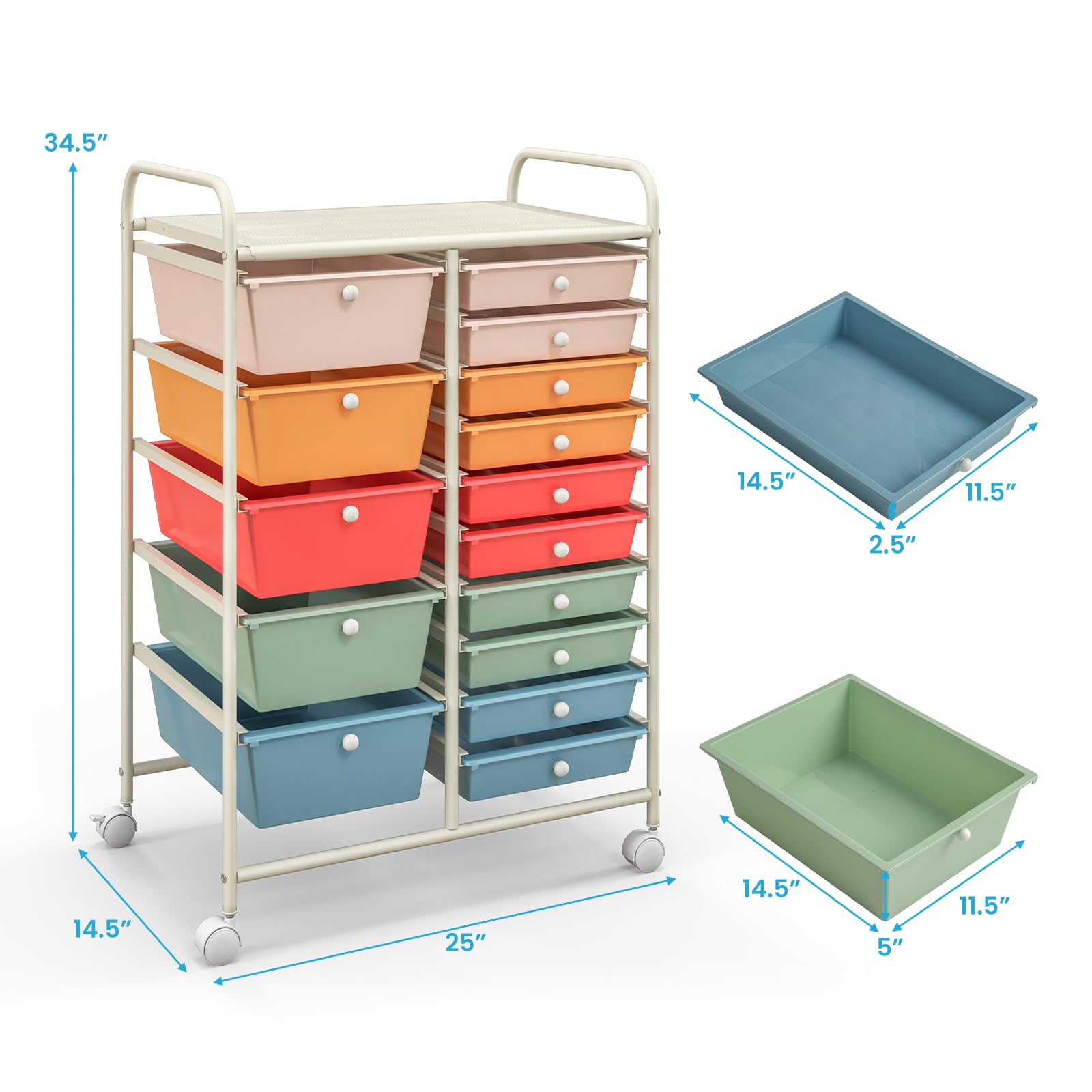 Giantex 15 Drawers Rolling Cart, Classroom Organizers, Storage Cart with Wheels, for Teacher Office Home School Supplies Tool Craft Art Paper