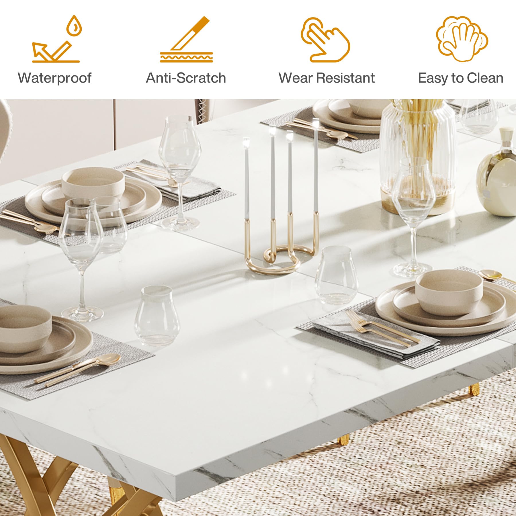 Tribesigns Modern Dining Table for 4-6 People, 63" Large Rectangular Kitchen Table with Faux Marble Tabletop and Gold Geometric Legs, Unique Dinner Table Kitchen & Dining Room Furniture, White & Gold