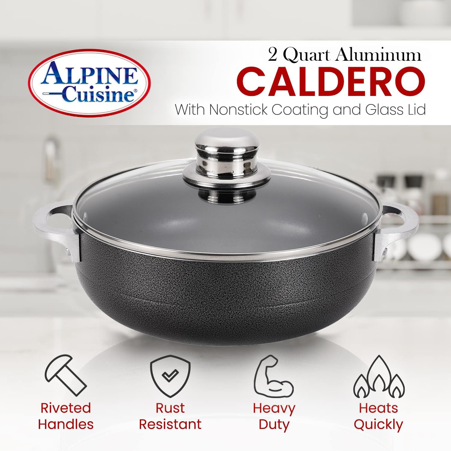 Alpine Cuisine Non-Stick Dutch Oven 11 Quart with Glass Lid | Multi-Purpose Aluminum Caldero for Braising - Boiling - Stewing | Nonstick Coating with Black Finish | Ideal for All Serving Sizes Pot