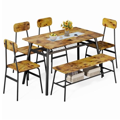 Gizoon 6-Piece Dining Table Set for Home, Kitchen, Dining Room with Storage Racks, Rectangular Kitchen Table with Bench, 4 Chairs, Steel Frame, Brown