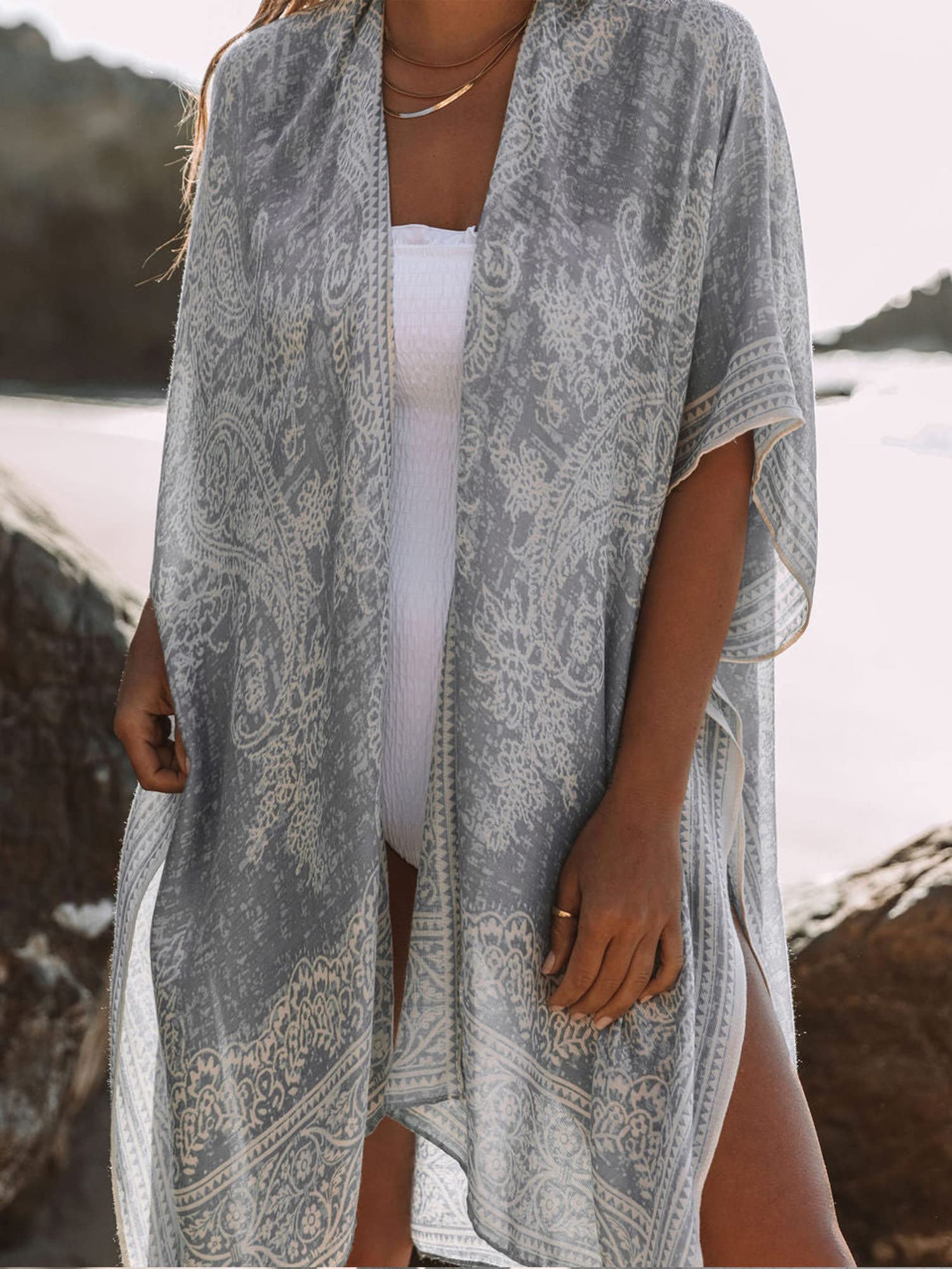 Breezy Lane Women's Kimono Beach Coverup Summer Cardigan Swimsuit Cover Up with Grey Floral Print