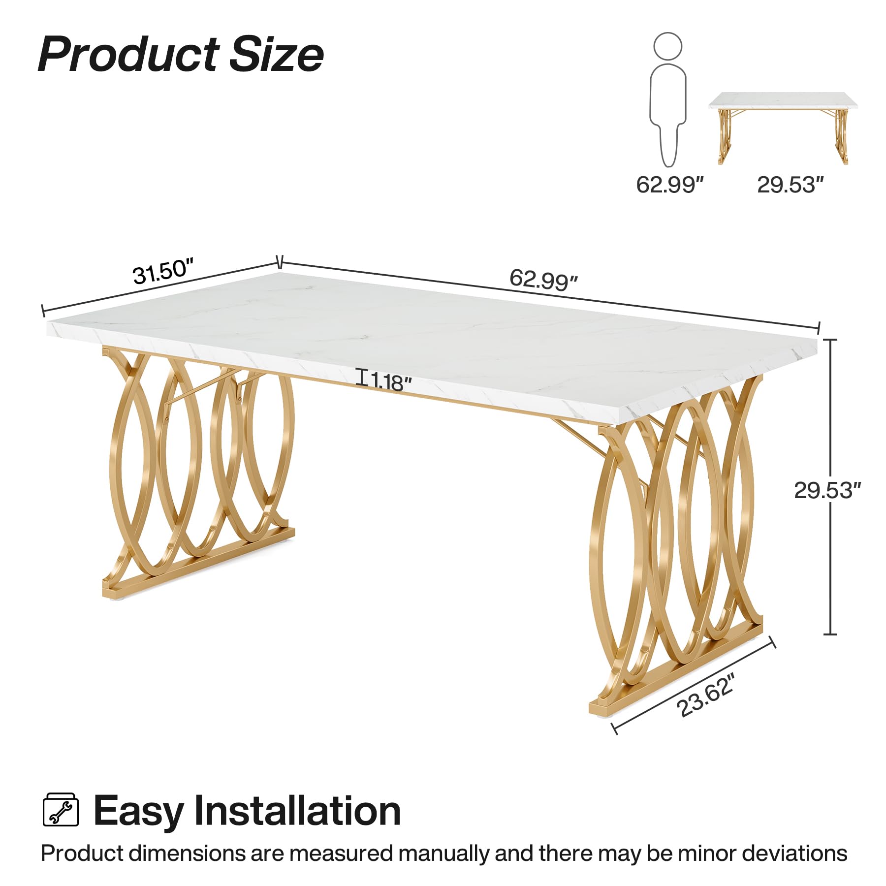 Tribesigns Modern Dining Table for 4-6 People, 63" Large Rectangular Kitchen Table with Faux Marble Tabletop and Gold Geometric Legs, Unique Dinner Table Kitchen & Dining Room Furniture, White & Gold