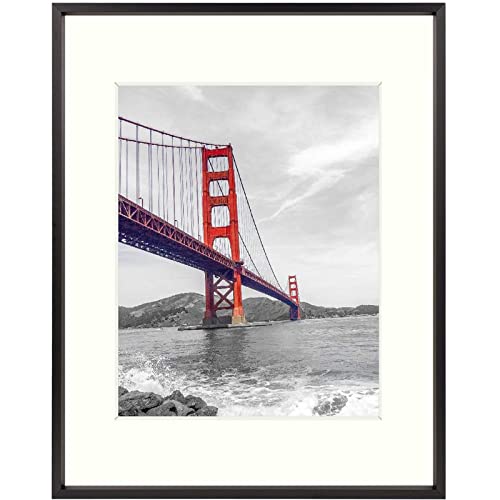 Frametory, 11x14 Aluminum Photo Frame with Ivory Color Mat for 8x10 Picture & Real Glass, Metal Picture Frame Collection (Black, 1-Pack)