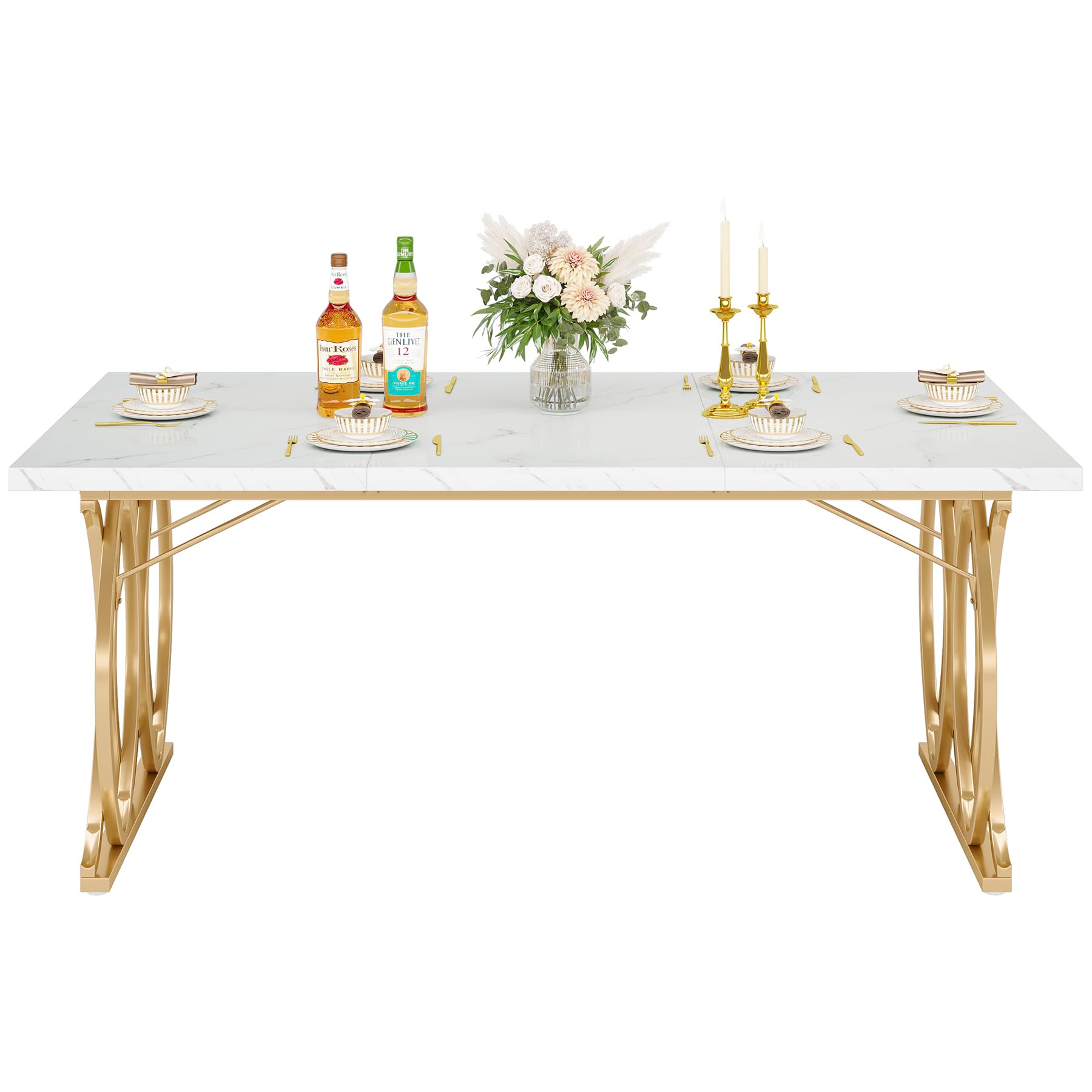 Tribesigns Modern Dining Table for 4-6 People, 63" Large Rectangular Kitchen Table with Faux Marble Tabletop and Gold Geometric Legs, Unique Dinner Table Kitchen & Dining Room Furniture, White & Gold