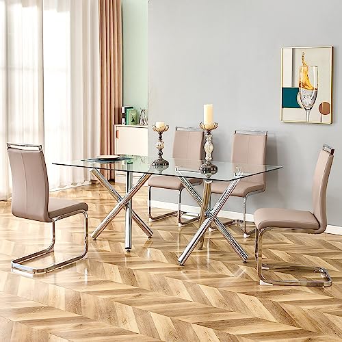 Baysitone Modern Dining Chairs Set of 4, Side & Kitchen Chairs with Silver Frame, Faux Leather Padded Seat High Back, for Dining, Kitchen & Living Room, Champagne