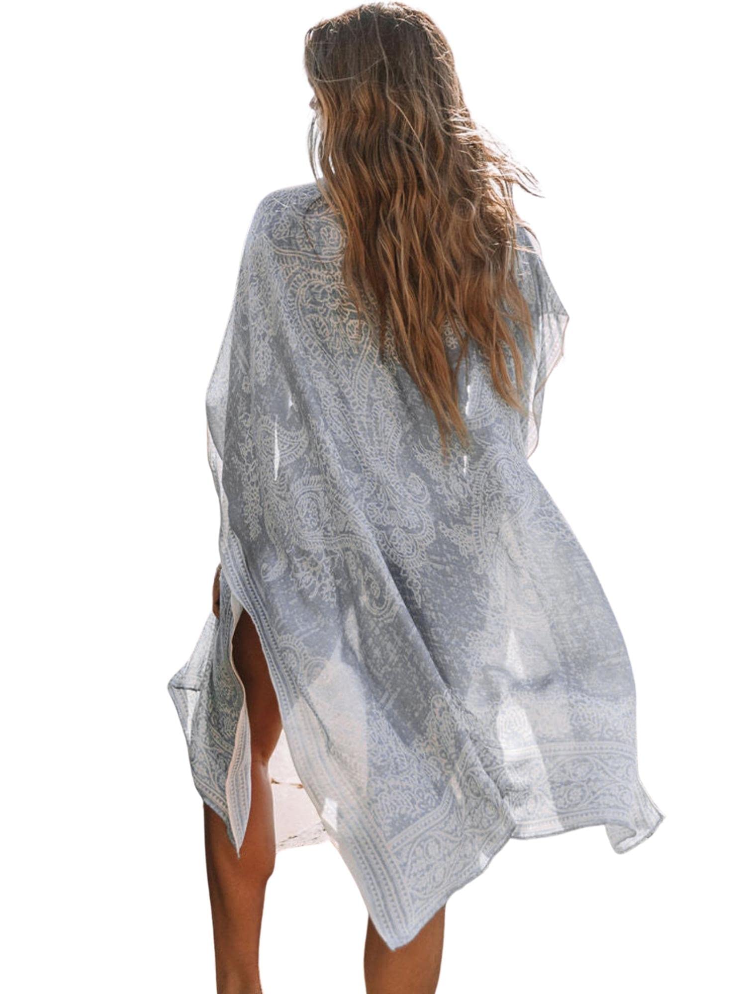 Breezy Lane Women's Kimono Beach Coverup Summer Cardigan Swimsuit Cover Up with Grey Floral Print
