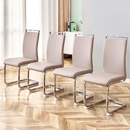 Baysitone Modern Dining Chairs Set of 4, Side & Kitchen Chairs with Silver Frame, Faux Leather Padded Seat High Back, for Dining, Kitchen & Living Room, Champagne