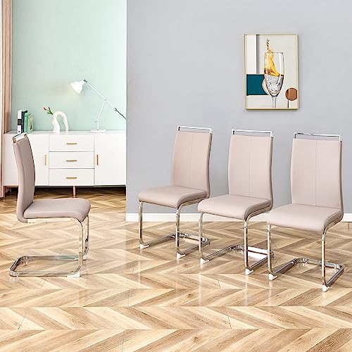 Baysitone Modern Dining Chairs Set of 4, Side & Kitchen Chairs with Silver Frame, Faux Leather Padded Seat High Back, for Dining, Kitchen & Living Room, Champagne