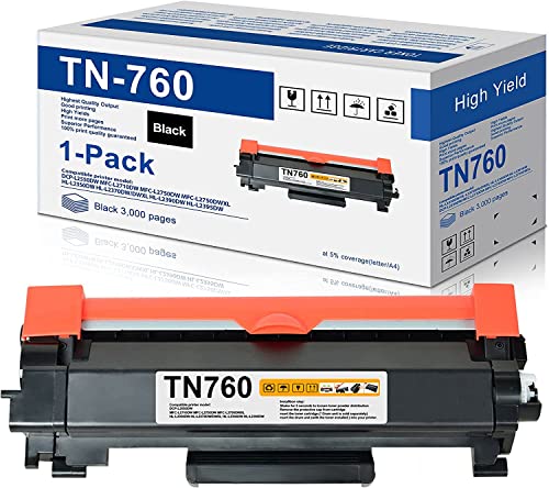 [3,500 Pages High Yield] Compatible TN-760 TN760 Toner Cartridge: Replacement for Brother TN760 Toner MFC-L2710DW MFC-L2750DW HL-L2350DW MFC-L2717DW DCP-L2550DW Printer TN7601PK Toner