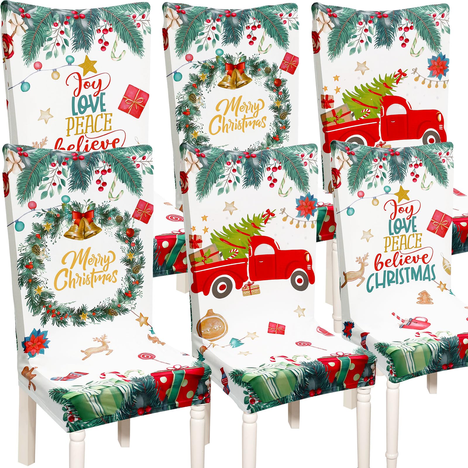 Peryiter 6 Pcs Christmas Chair Covers Kitchen Dining Room Chair Covers Set of 6 Removable Washable Parson Chair Covers Holiday Stretch Dining Chair Slipcovers Furniture Protector for Xmas Party