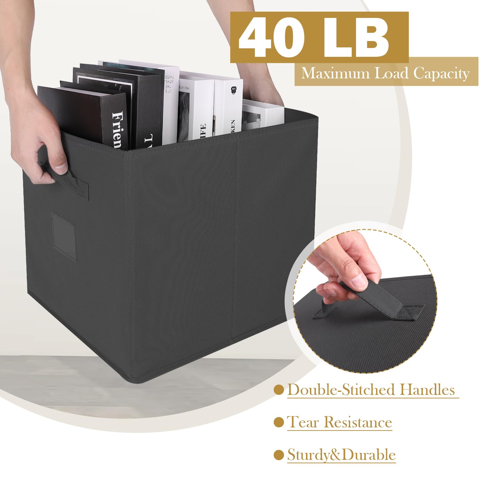 SimpliBins 13x13x13 Storage Cube Bins 4 Pack, Collapsible Fabric Storage Cubes with Fabric Handle, Simple Cubical Storage Boxes for Cube Organizer, Shelf and Closet Storage (Black)