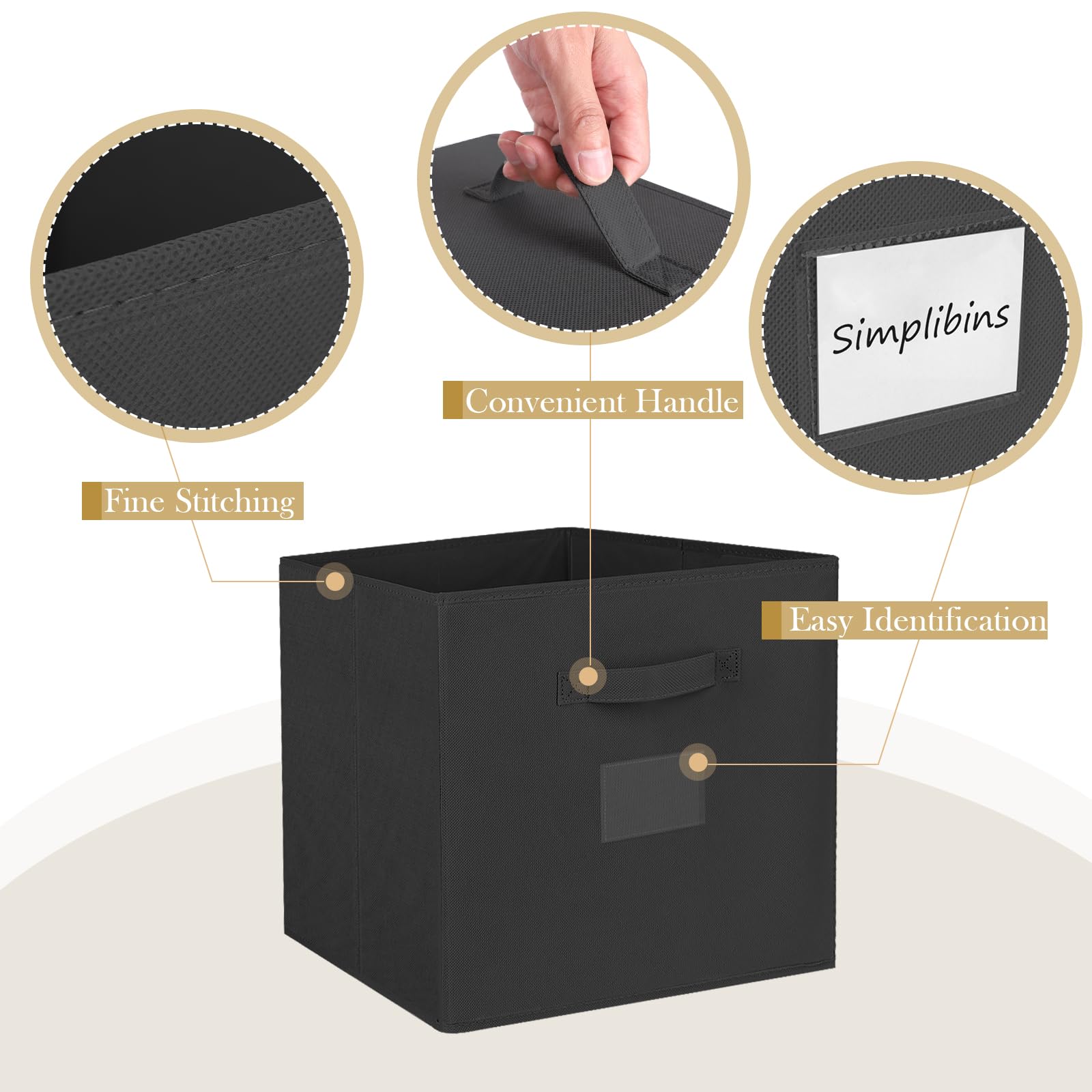 SimpliBins 13x13x13 Storage Cube Bins 4 Pack, Collapsible Fabric Storage Cubes with Fabric Handle, Simple Cubical Storage Boxes for Cube Organizer, Shelf and Closet Storage (Black)
