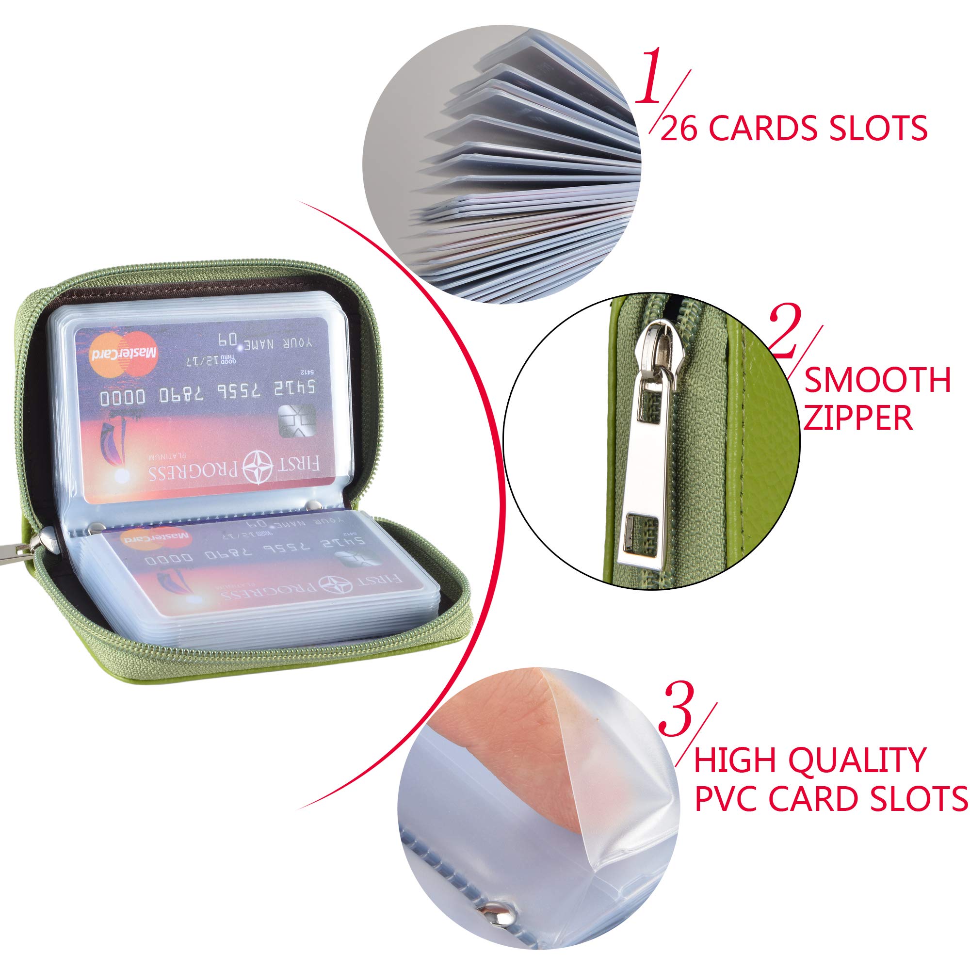Easyoulife Genuine Leather Credit Card Holder Zipper Wallet With 26 Card Slots (Green)