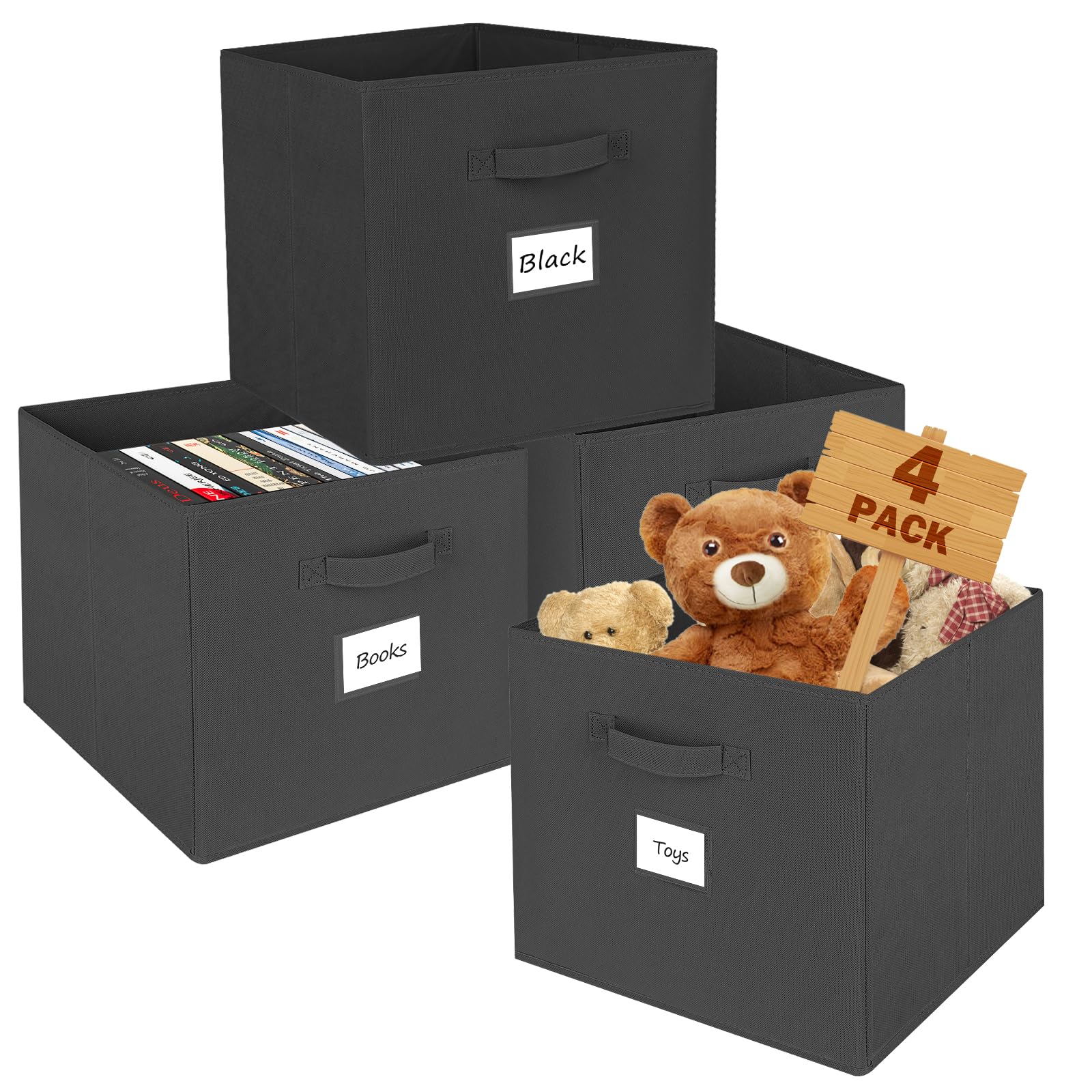 SimpliBins 13x13x13 Storage Cube Bins 4 Pack, Collapsible Fabric Storage Cubes with Fabric Handle, Simple Cubical Storage Boxes for Cube Organizer, Shelf and Closet Storage (Black)