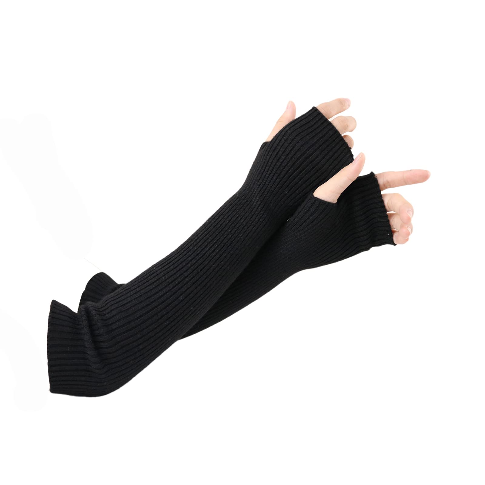 Facecozy Arm Warmers Women, Knit Warm Cashmere Blend Long Fingerless Gloves for Women Cold Weather Mittens with Thumb Hole (Black, 19.6"/50cm)