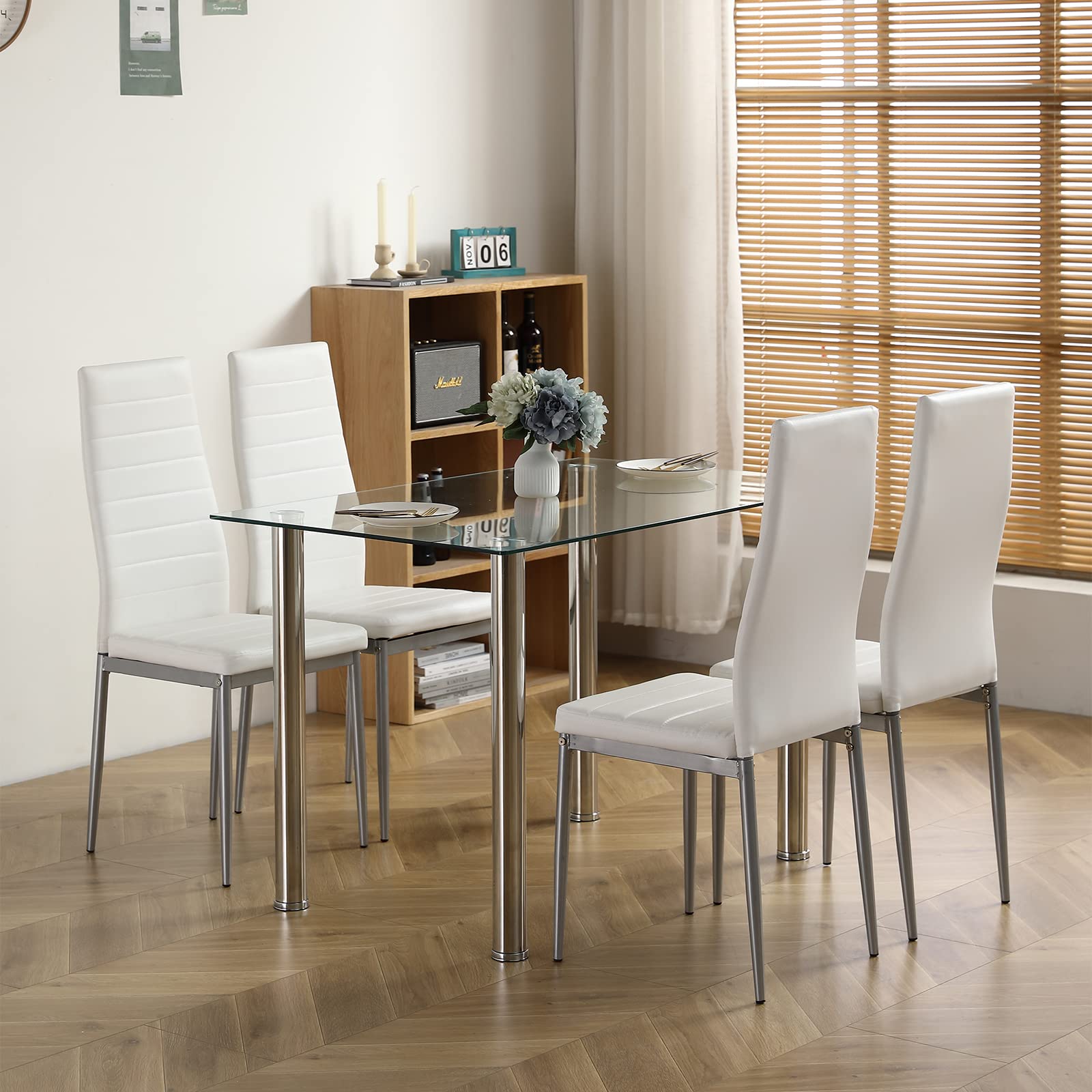 TIOPLY Dining Table Set for 4, 5 Piece Kitchen Table and Chairs Set, Tempered Glass Table and PU Leather Chairs for Small Space,Apartment,White
