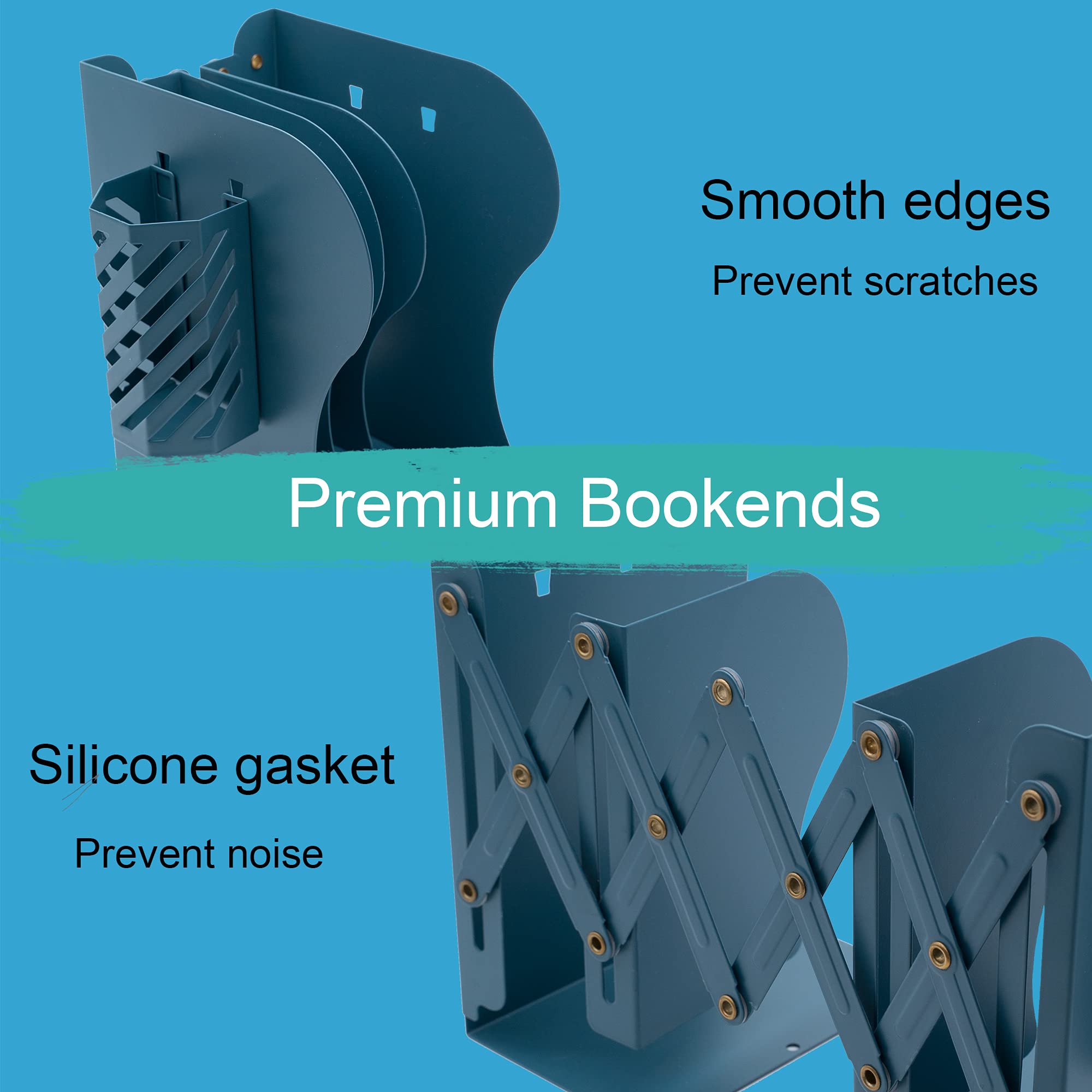 Simplesun Expandable Bookends, Metal Adjustable Book Ends for Heavy Books, Book Shelf Organizer Holder for Desk, Office Home School Kid Student Book Stroage (Blue)